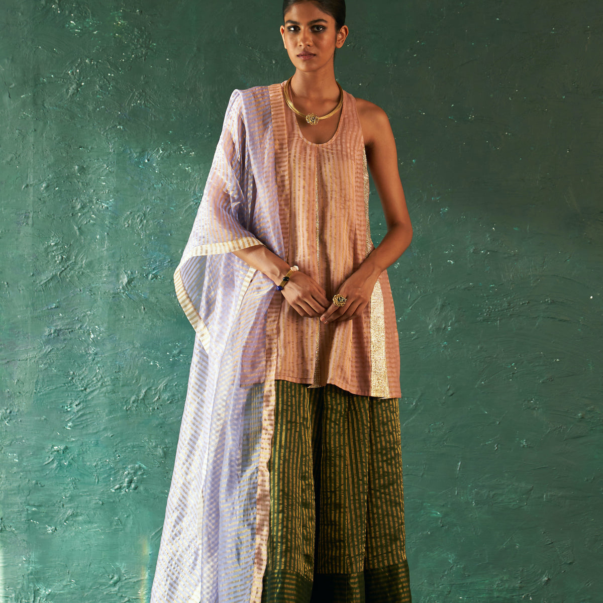 Chic Striped Tissue Short Kurti with Gota Panels & Flared Pallazos ...