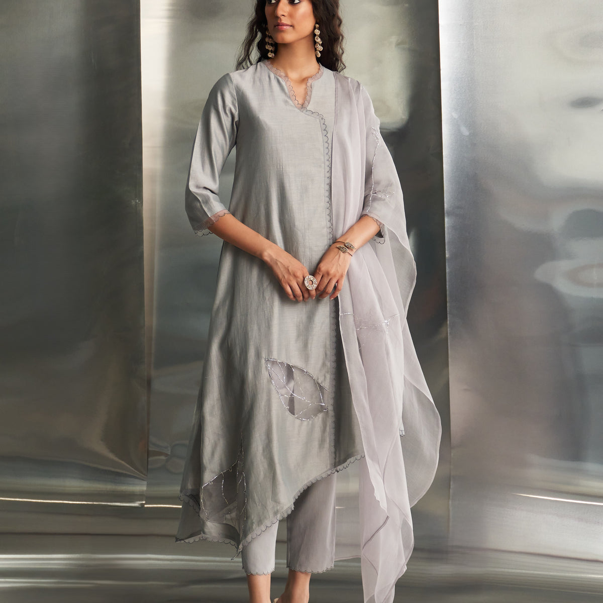 Steel Grey Asymmetrical Kurta Set – charkhee