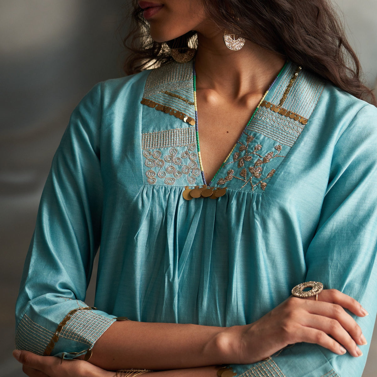 Luxurious Powder Blue Deep V-Neck Kurta Set with Intricate Embroidery ...