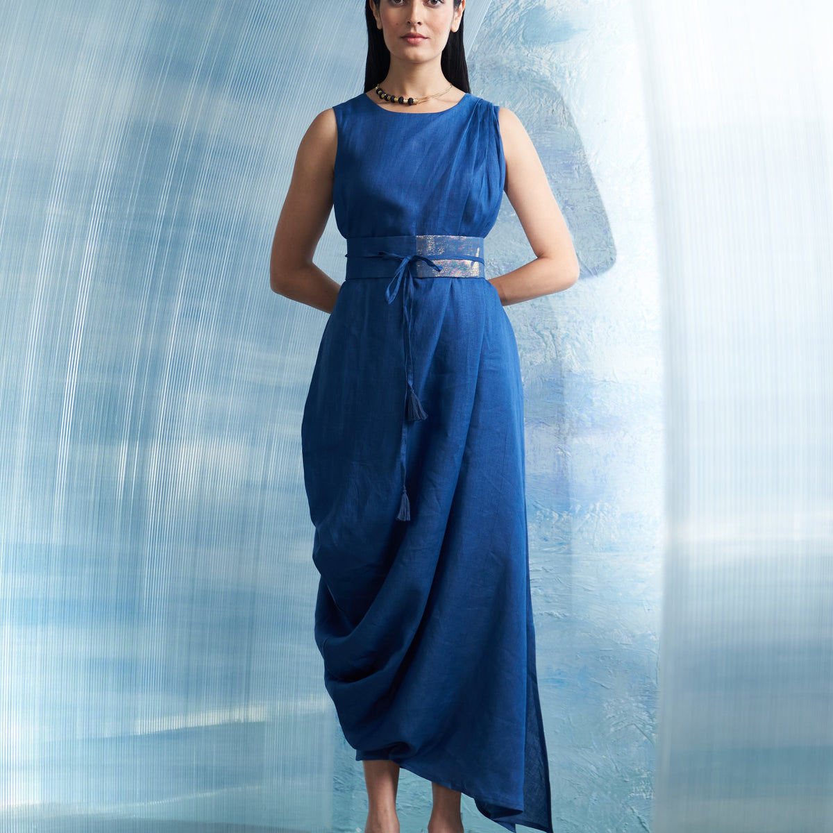 Aura Royal Blue Linen Drape Dress: Elevate Your Style with Regal ...