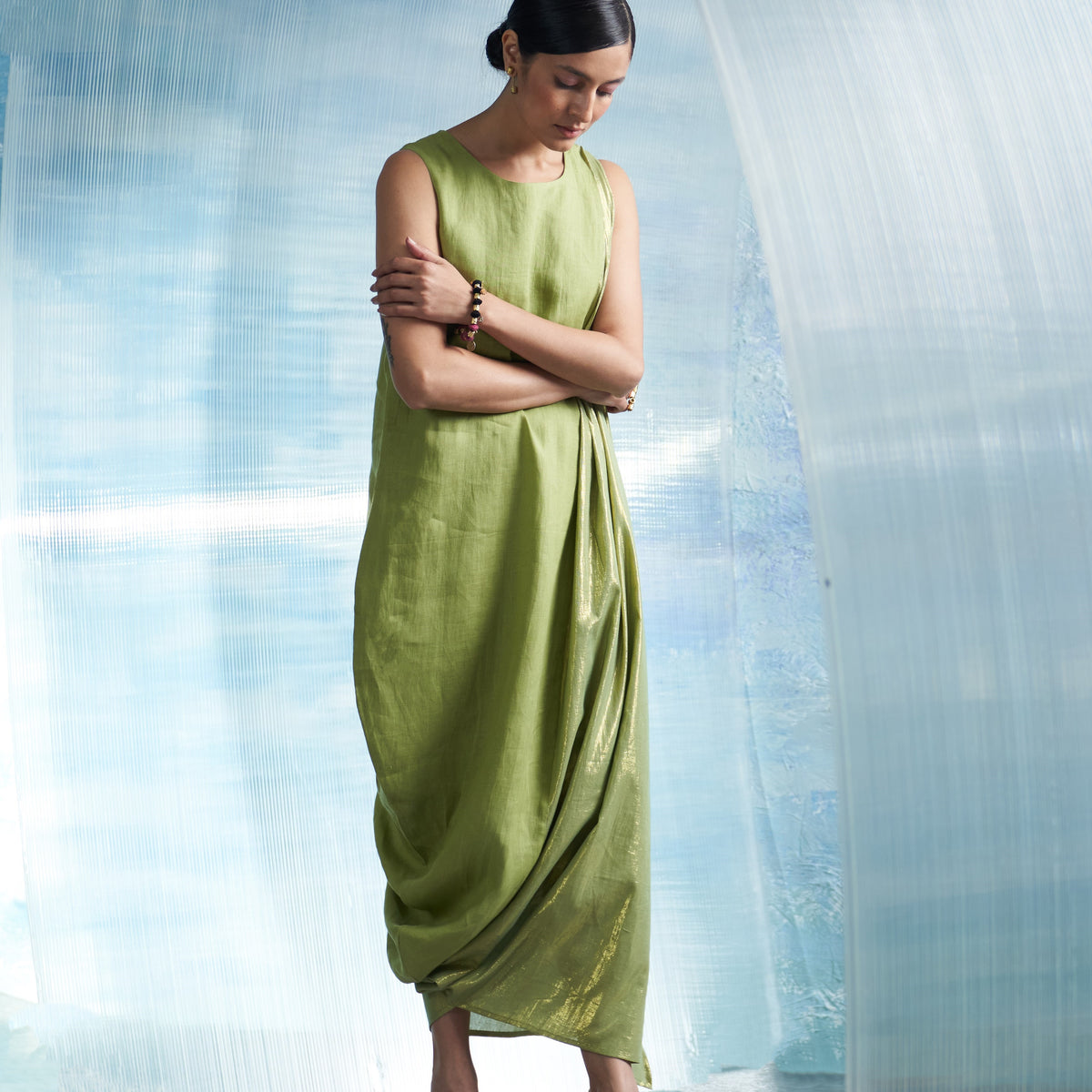 Aura Sheen Green Linen Drape Dress: Elevate Your Style with Timeless ...