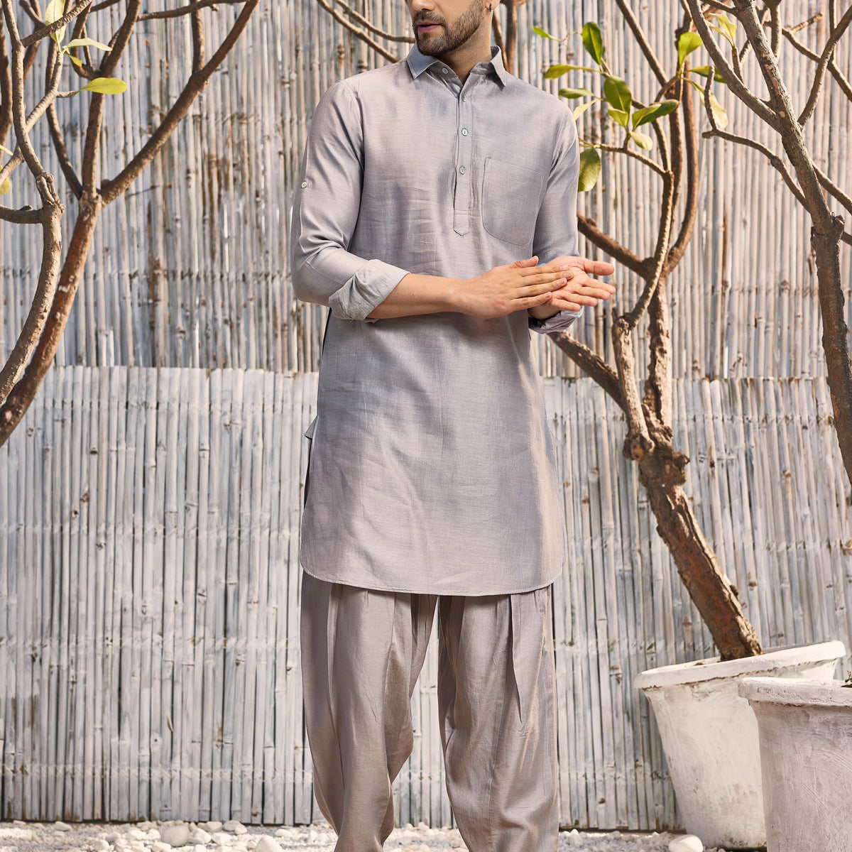 Men's Steel Grey Pathani with Grey Salwar - Set of 2 – charkhee