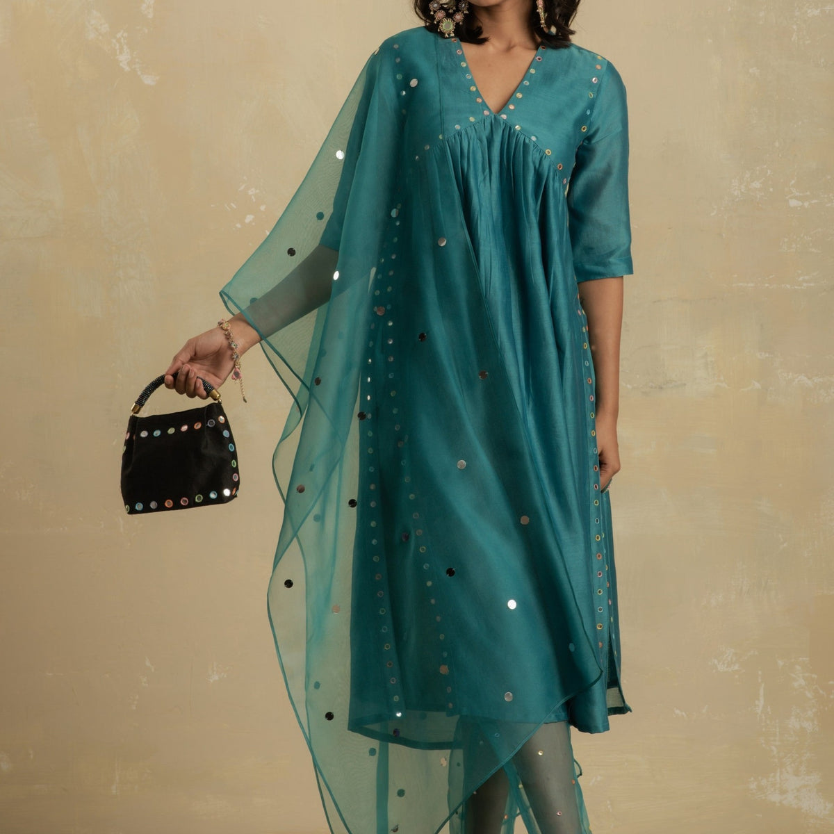 Turquoise High Slit Kurta Set- Size- S – charkhee